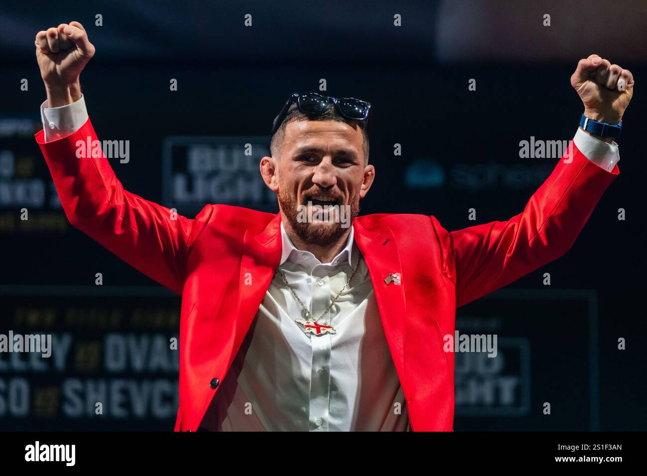 Merab Dvalishvili of Georgia is seen on stage during the UFC 306 at ...
