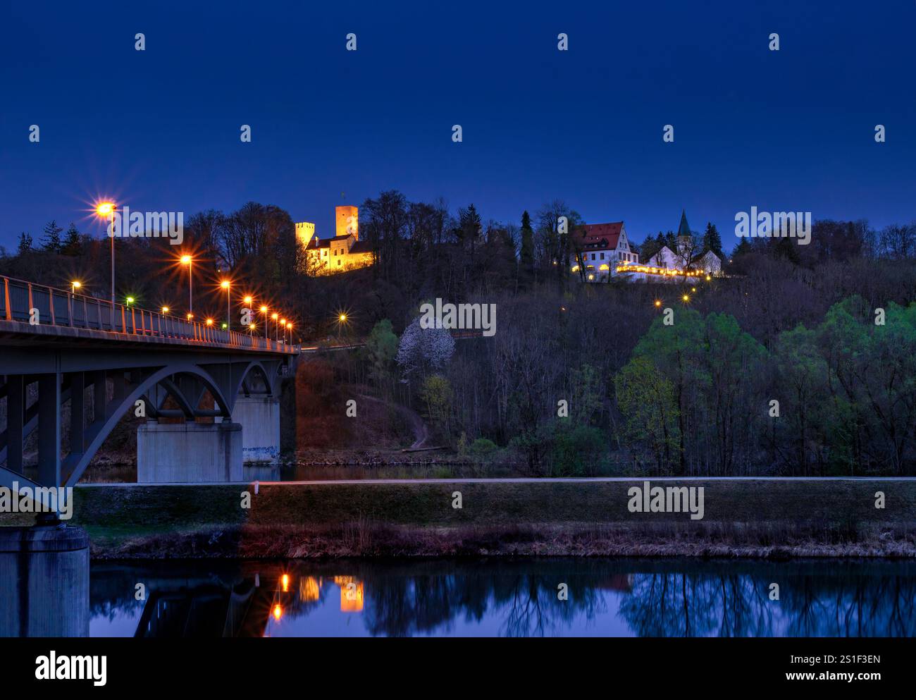 Gruenwald, Gruenwald Castle and Bridge at night, Bavaria, Germany Stock ...