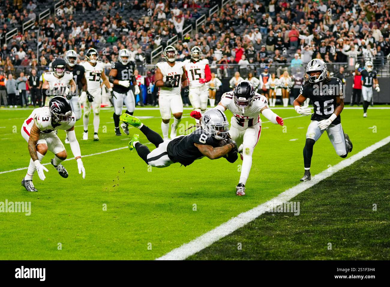 Ameer Abdullah #8 of the Las Vegas Raiders dives for a touchdown during ...