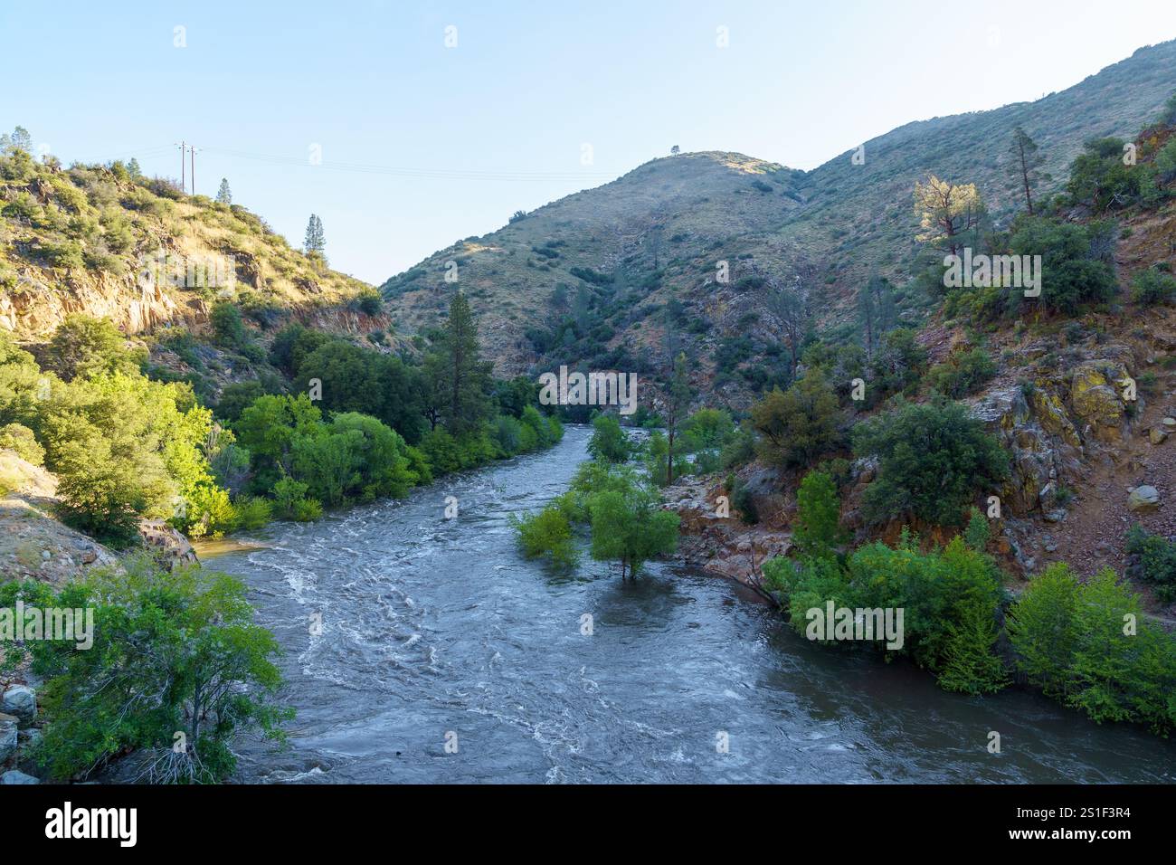 View of Kern River flowing with water and view of mountains and morning ...