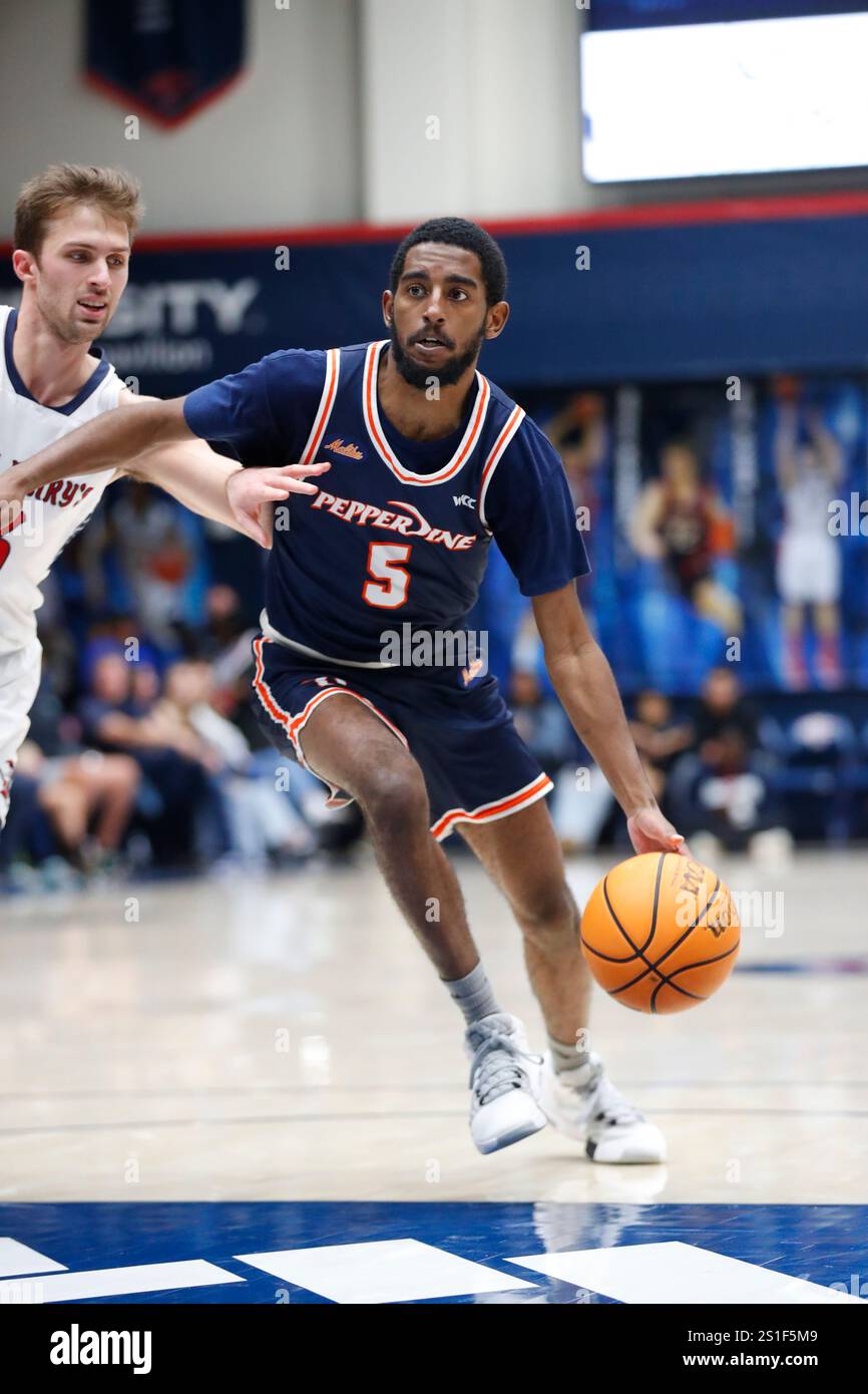 MORAGA, CA - JANUARY 02: Pepperdine Waves guard Moe Odum (5) drives the ...