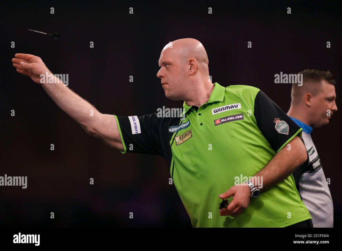 London, UK. 02nd Jan, 2025. Michael van Gerwen throws during the Paddy Power World Darts ...