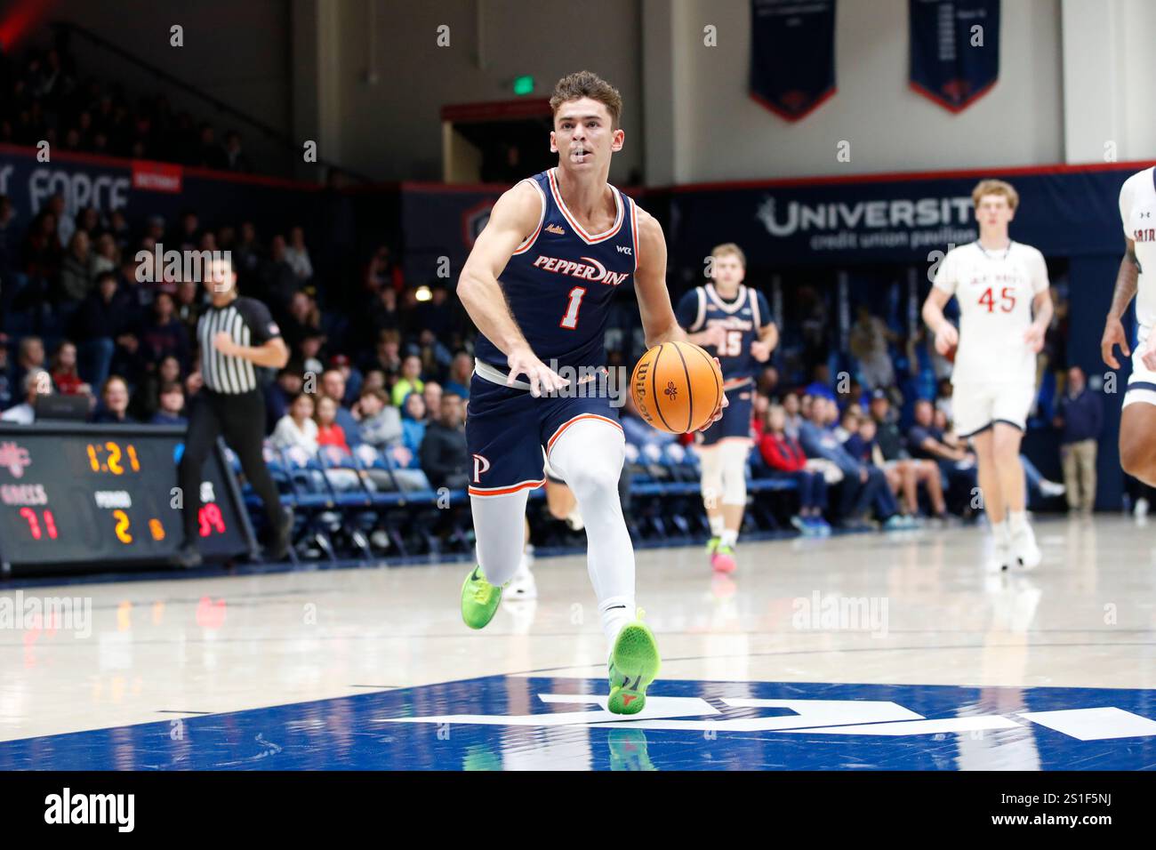 MORAGA, CA - JANUARY 02: Pepperdine Waves guard David Mager (1) looks ...