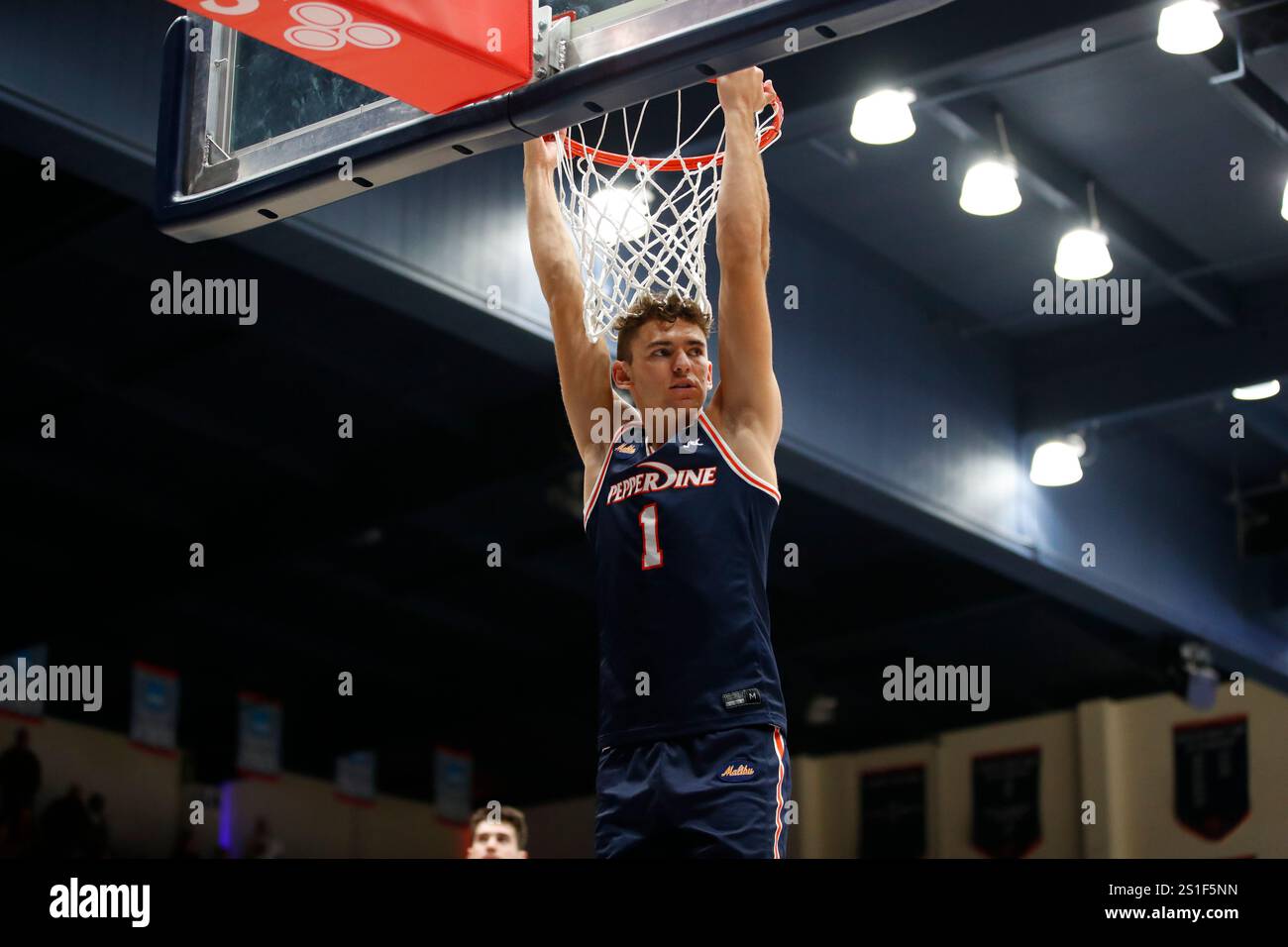 MORAGA, CA - JANUARY 02: Pepperdine Waves guard David Mager (1) hangs ...