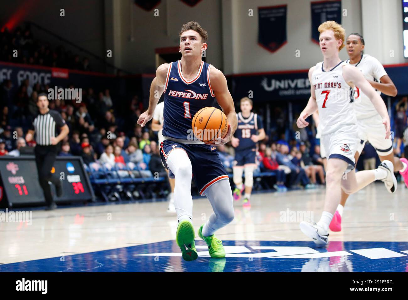 MORAGA, CA - JANUARY 02: Pepperdine Waves guard David Mager (1) looks ...