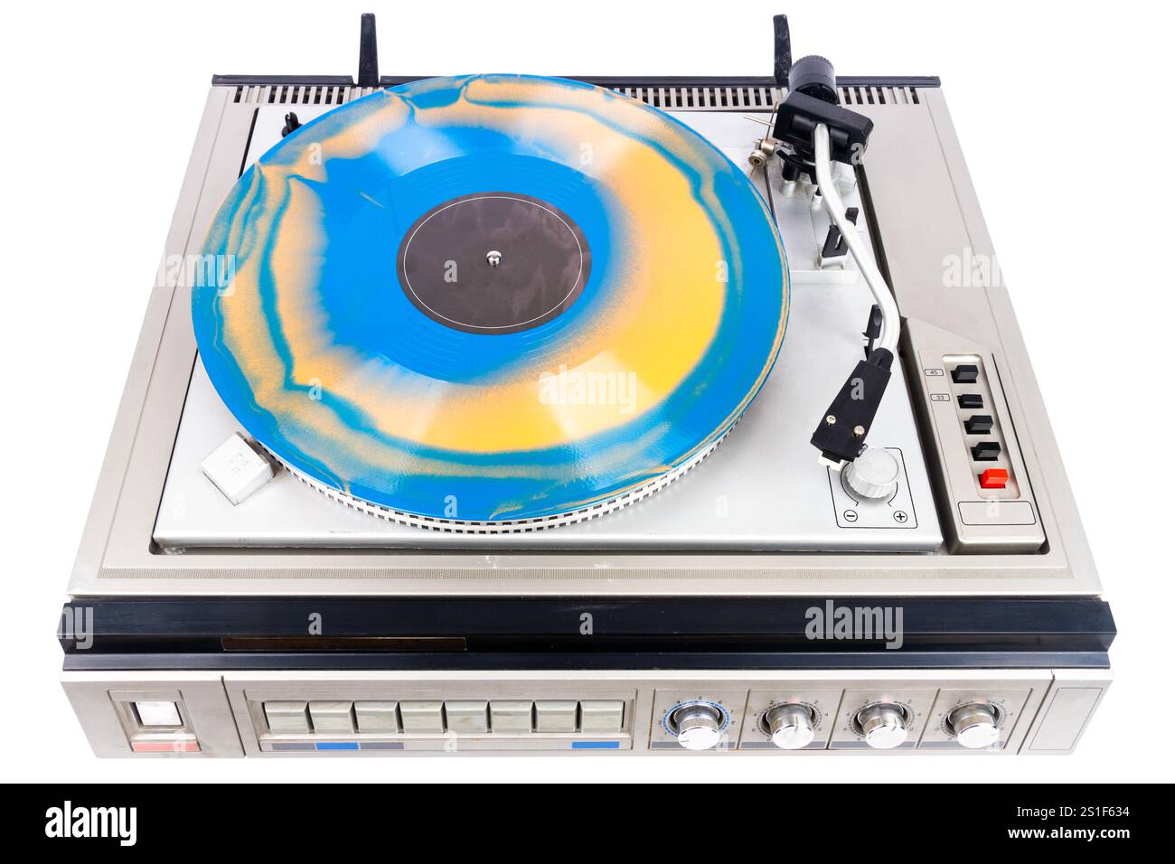 Vintage turntable record player with blue and orange vinyl isolated on ...