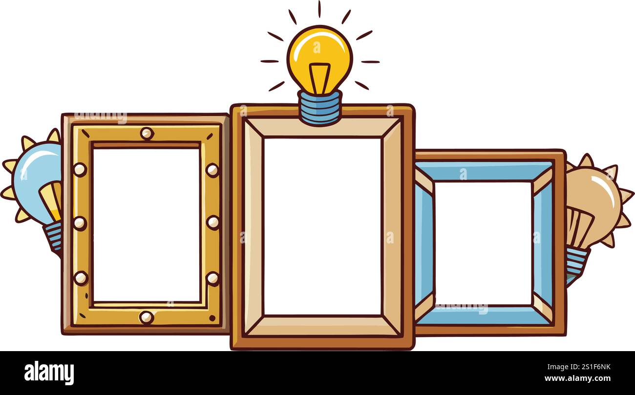 Colorful illustration of multiple empty frames with lightbulb accents ...