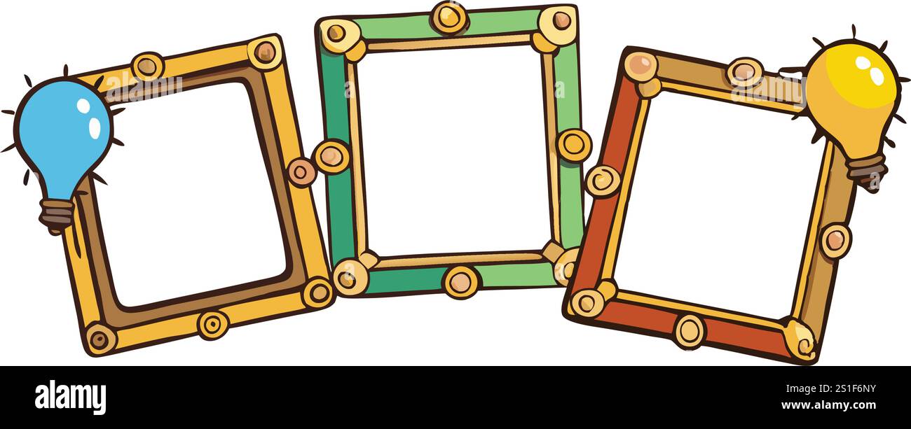 Playful and colorful combination of empty frames and lightbulb icons ...