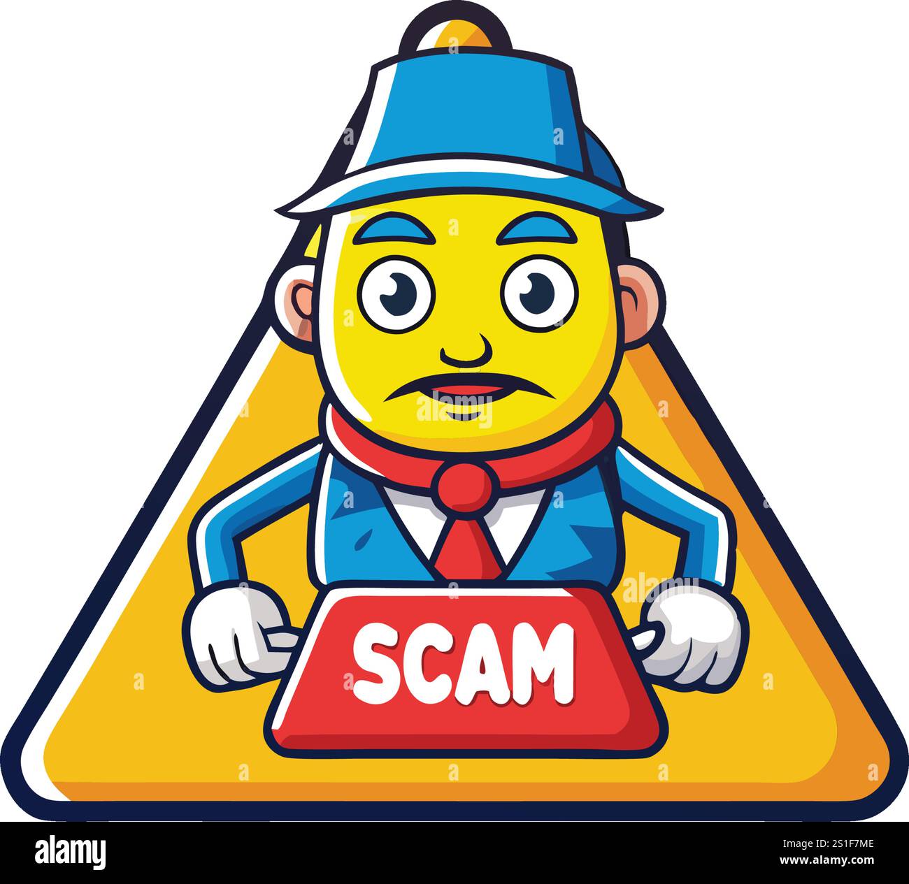Cartoon scam warning icon featuring a suspicious character in a ...
