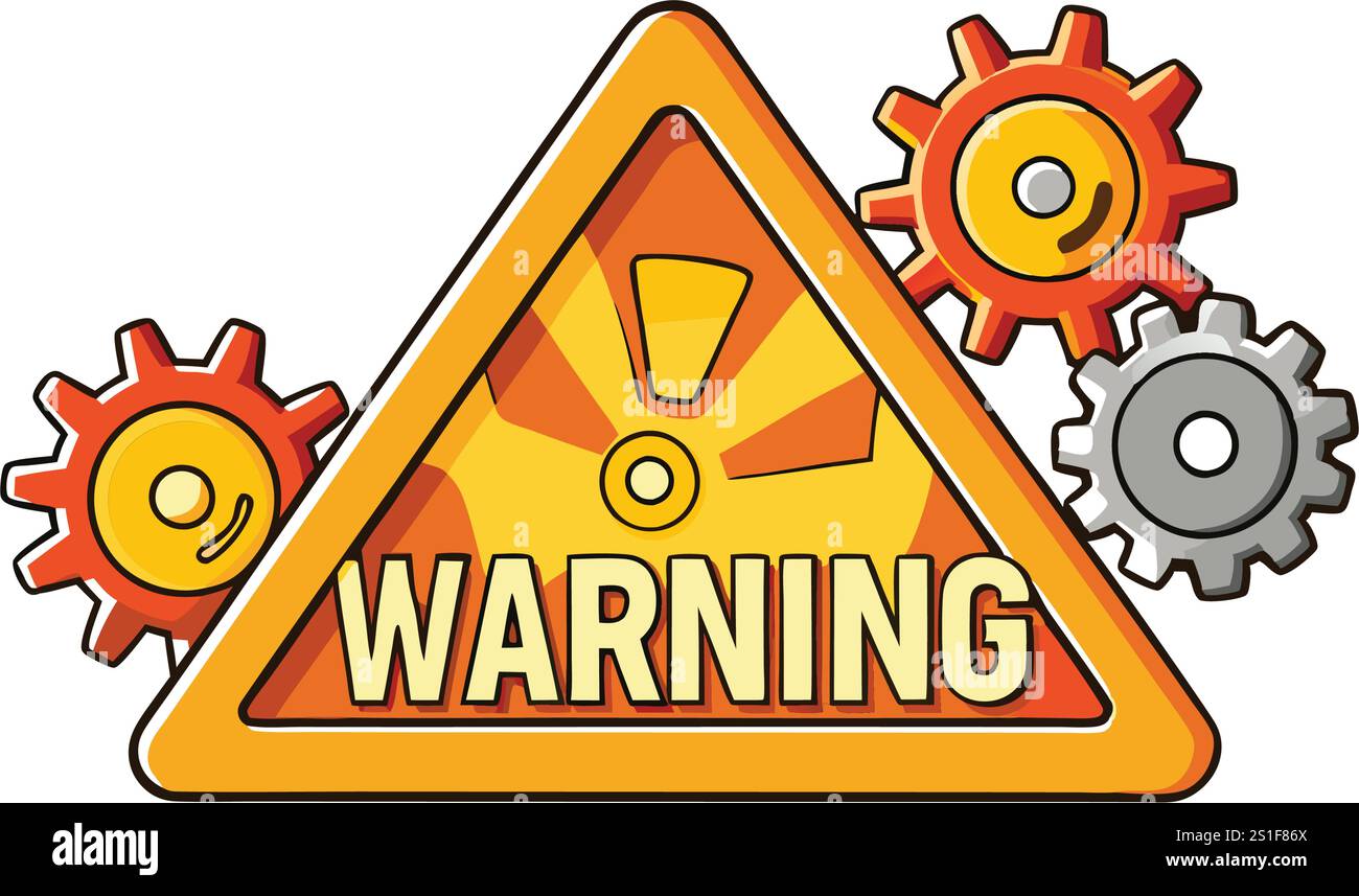 Illustrated triangular warning icons with gear symbols, vibrant colors ...