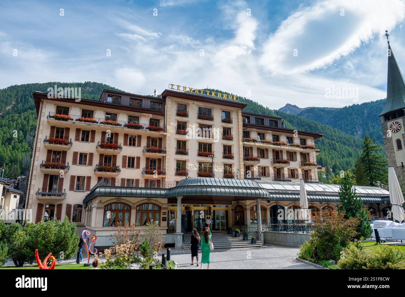 Zermatt, Switzerland- Sep 22, 2024: The front of the Grand Hotel ...