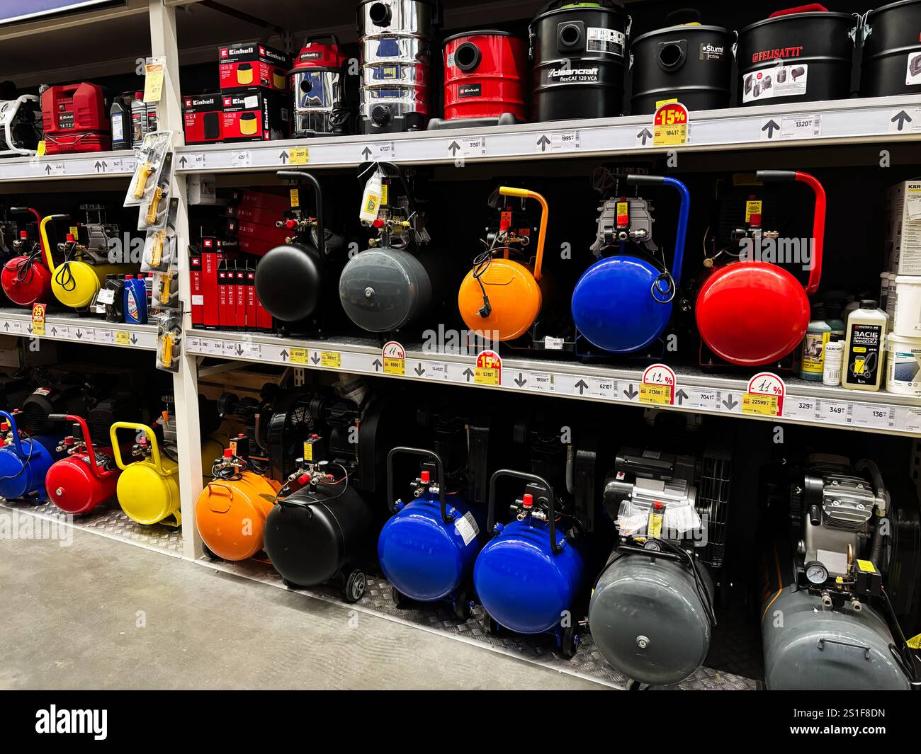 Kyiv, Ukraine - January 03, 2025: Variety of portable air compressors ...