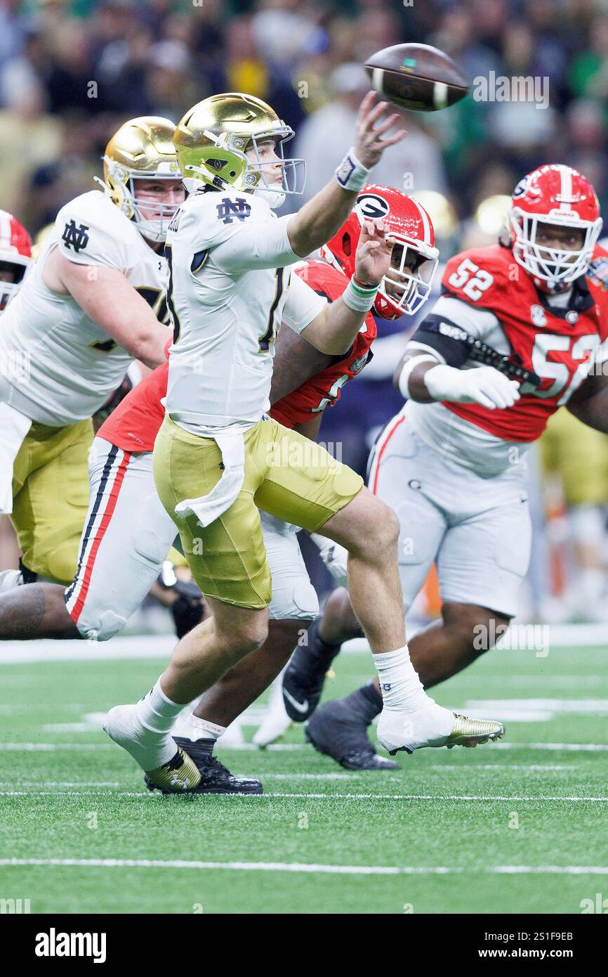 NEW ORLEANS, LA - JANUARY 02: Quarterback Riley Leonard #13 of the Notre Dame Fighting Irish ...