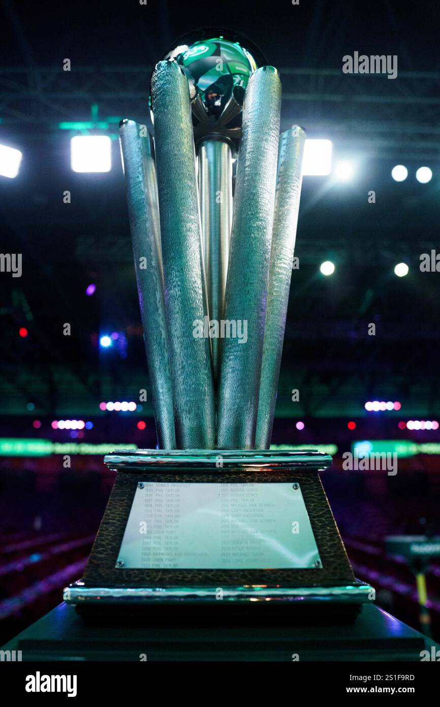 London, UK. 03rd Jan, 2025. The World Darts Championship trophy prior ...