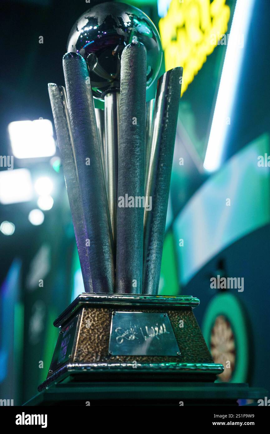 London, UK. 03rd Jan, 2025. The World Darts Championship trophy prior ...