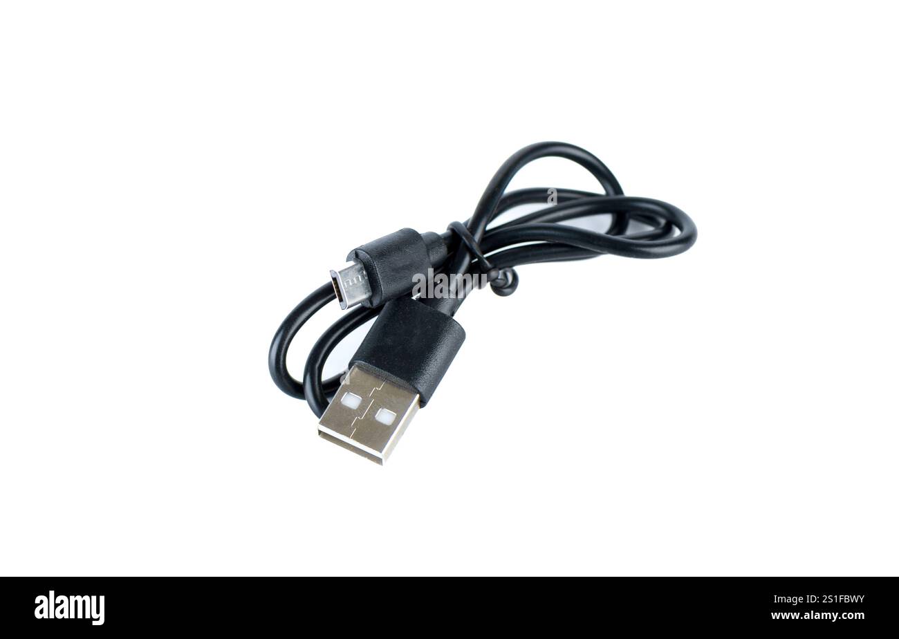 Black USB cable with micro USB connector neatly coiled and displayed on ...