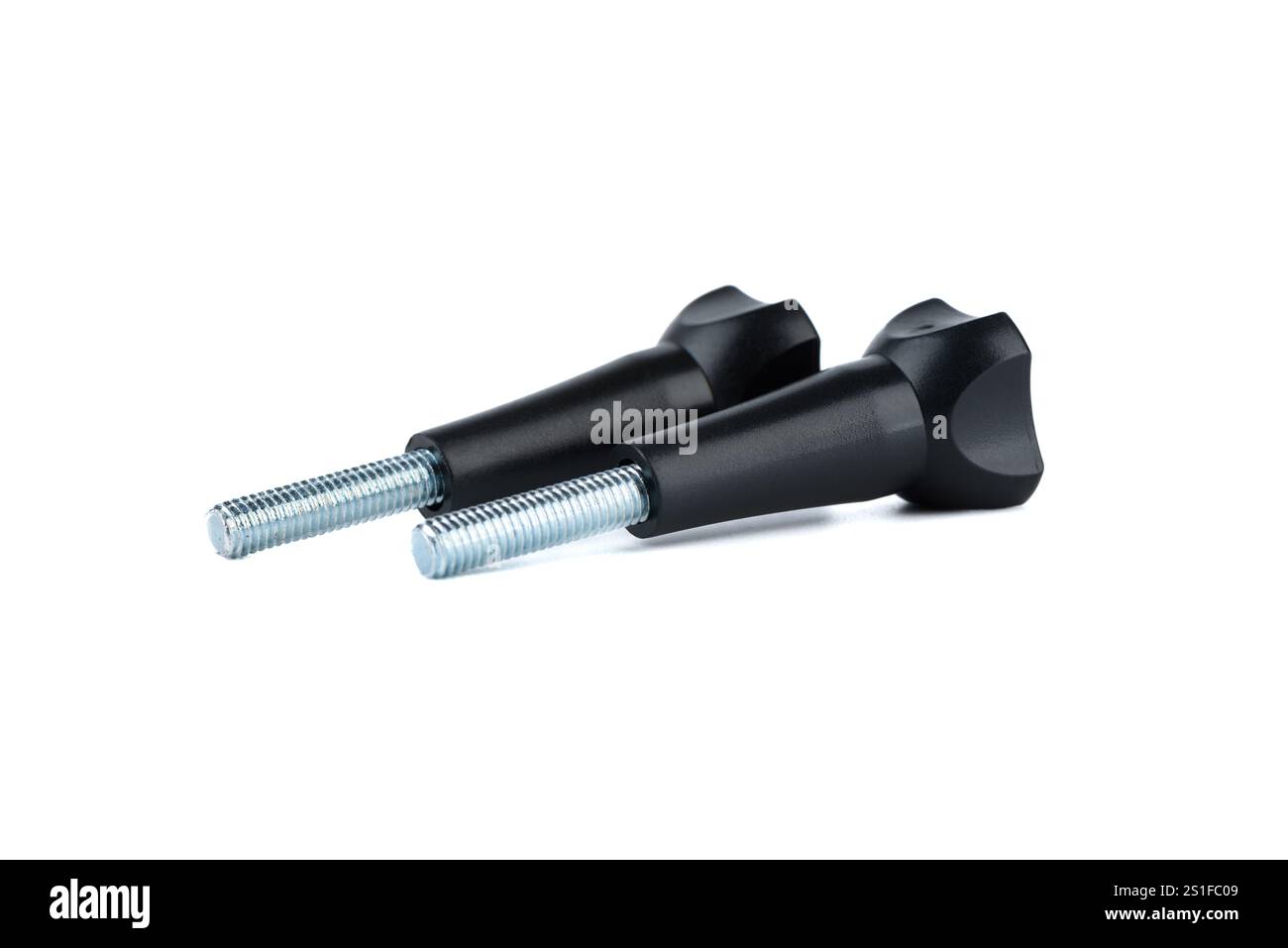 Two black threaded knobs with metal screws, placed on a clean white ...