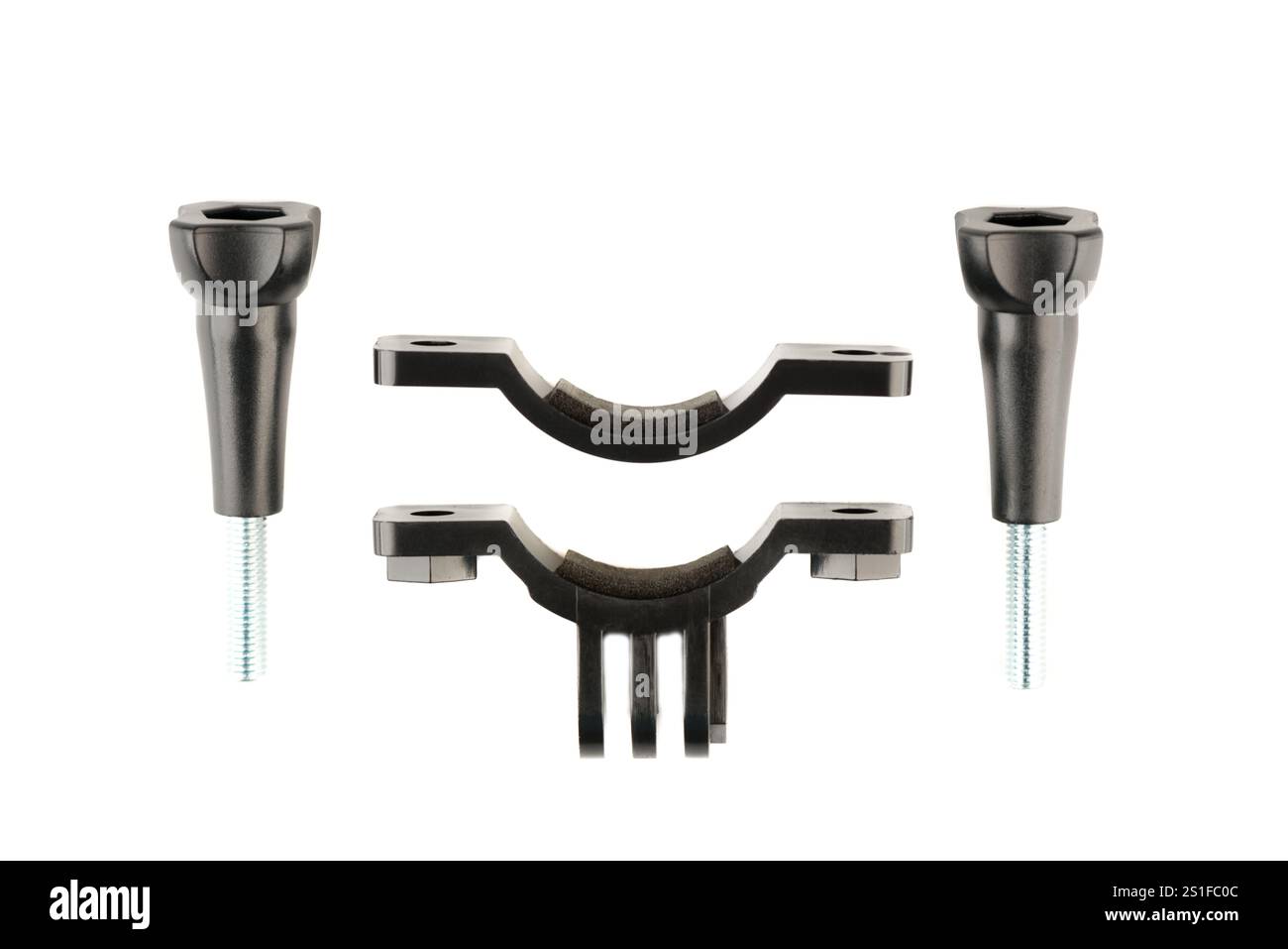 Black metal hardware components, including mounting brackets and screws ...