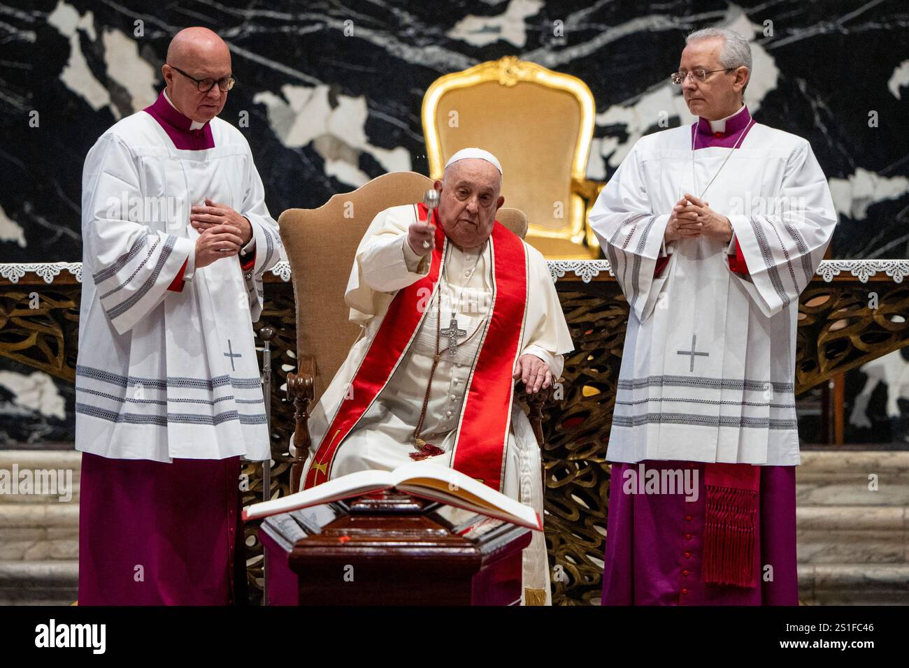 Pope Francis prays in front of the coffin during the funeral for the ...