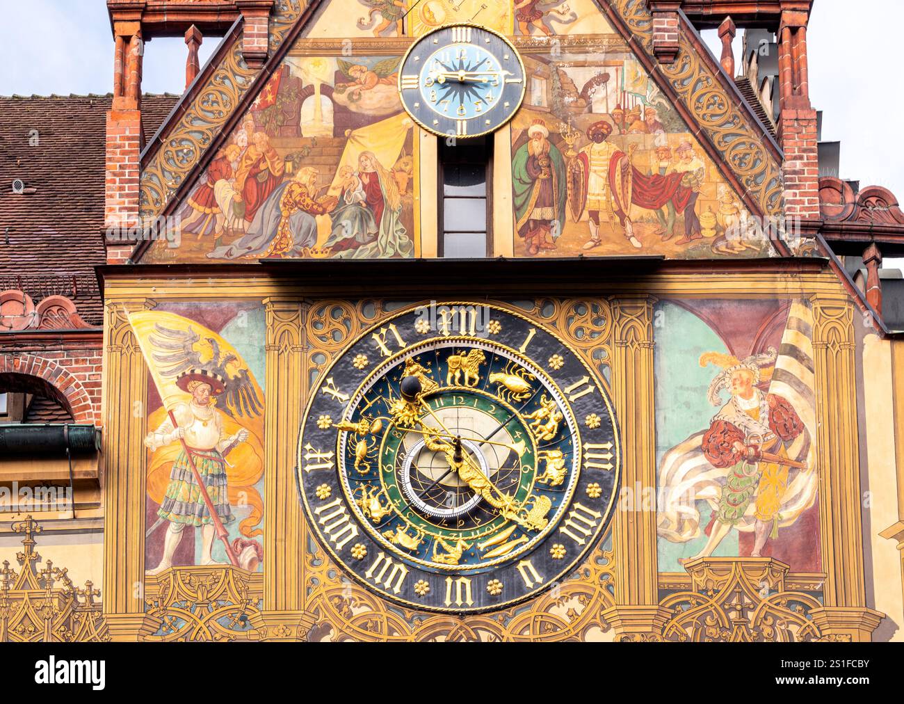 Astronomical clock on the frescoed facade of Ulm Town Hall, Renaissance ...