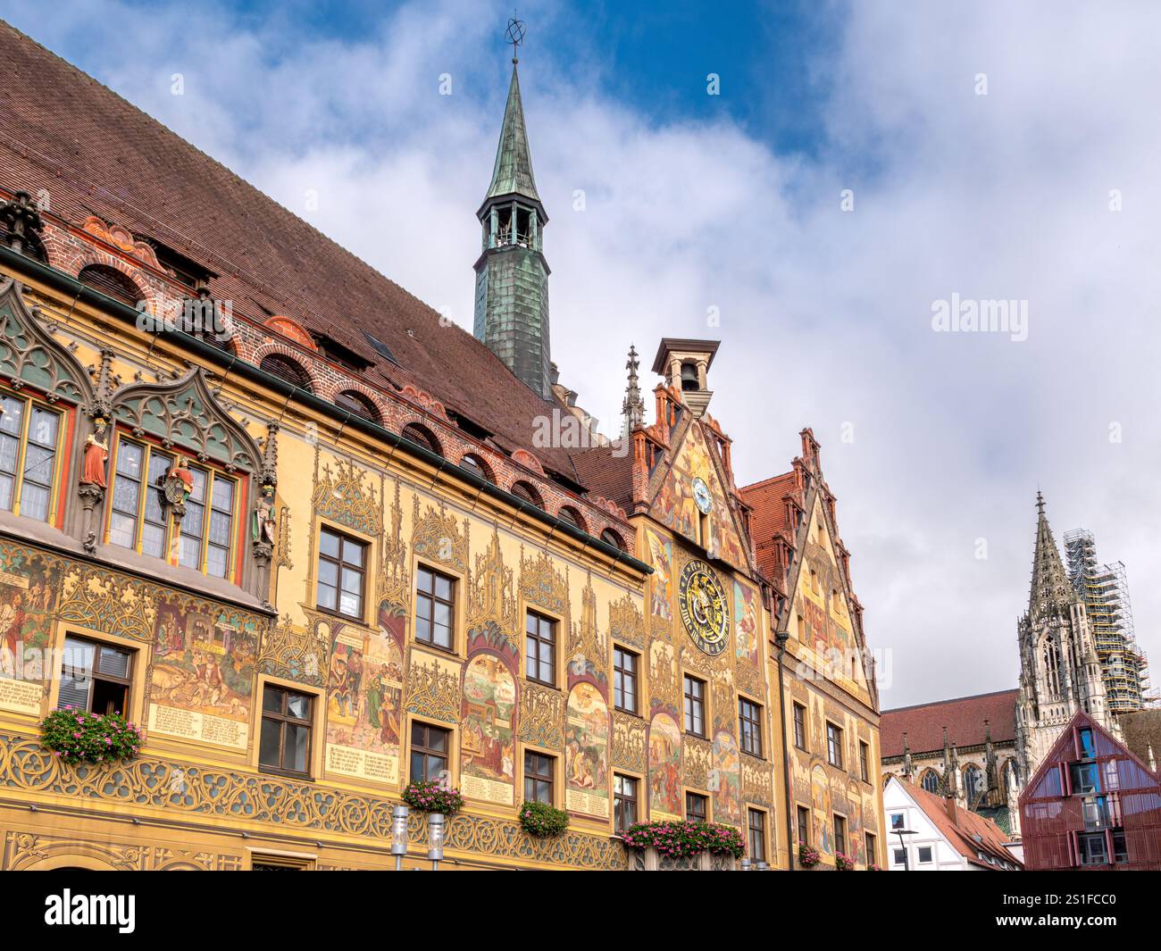 Facade of Ulm Town Hall painted with frescoes, Renaissance style, Ulm ...