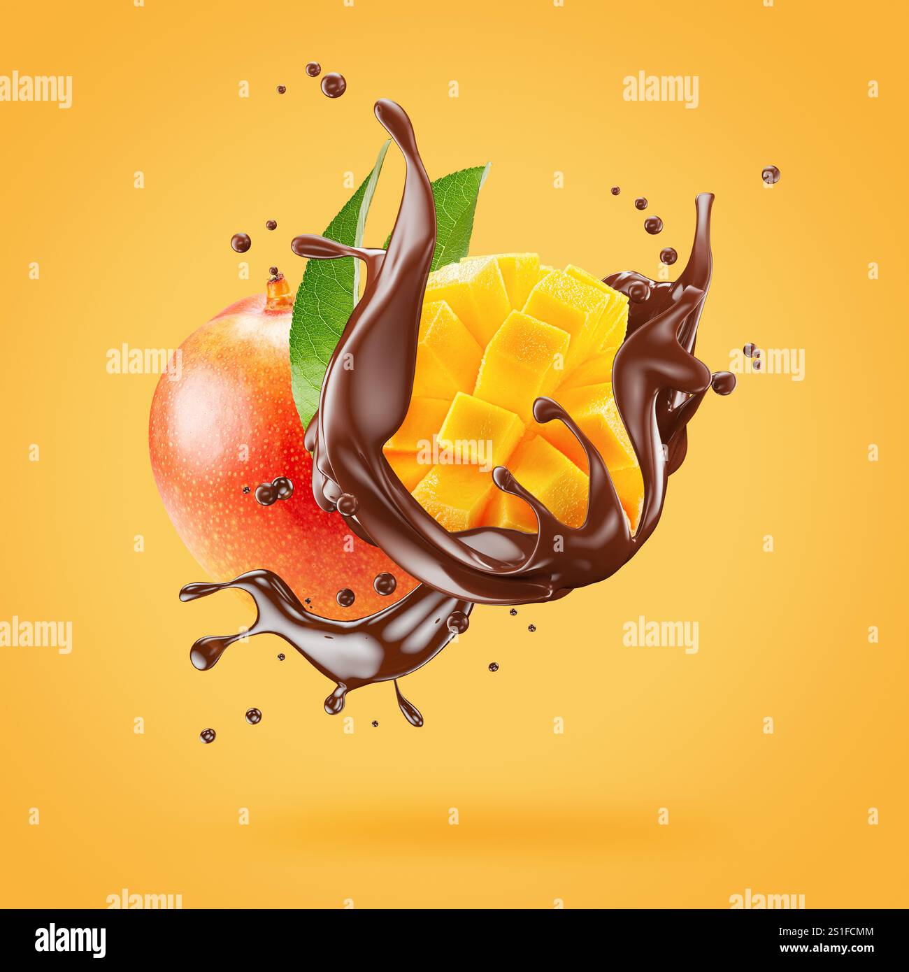 mango in chocolate splash on a yellow background Stock Photo - Alamy
