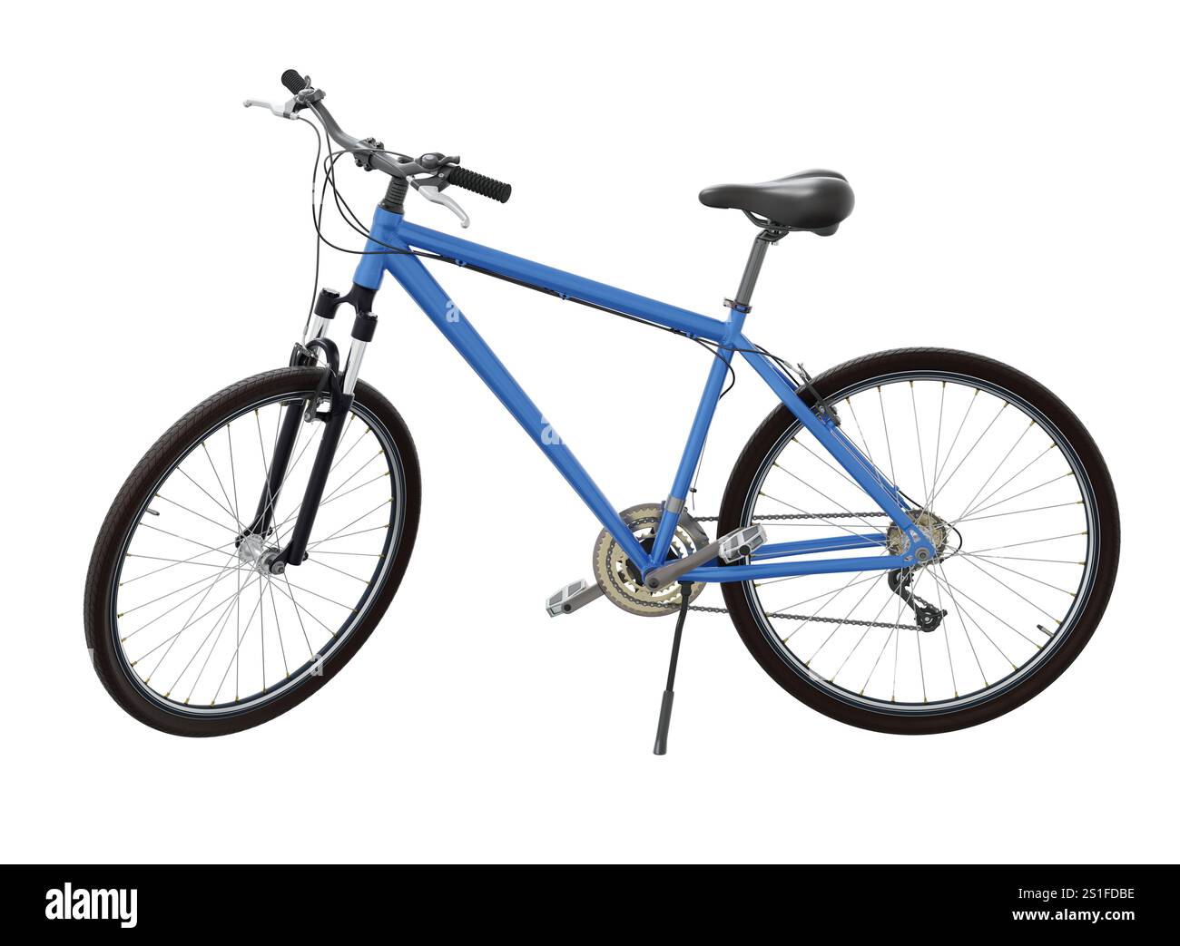 Blue bicycle standing while leaning on kickstand, side view. Bike ...