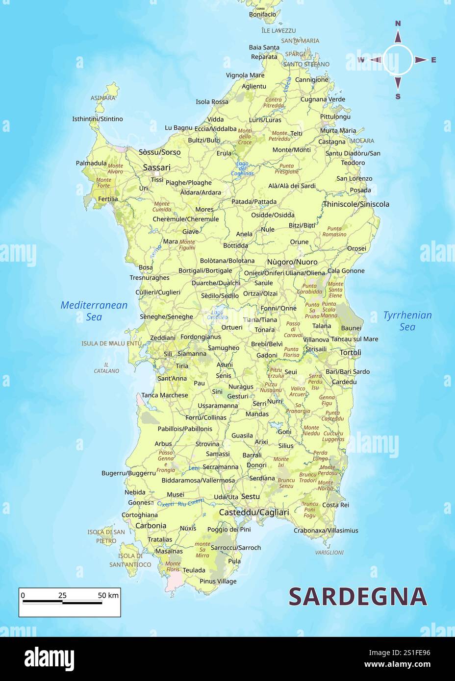 This detailed map showcases the island of Sardinia, Italy. The map ...