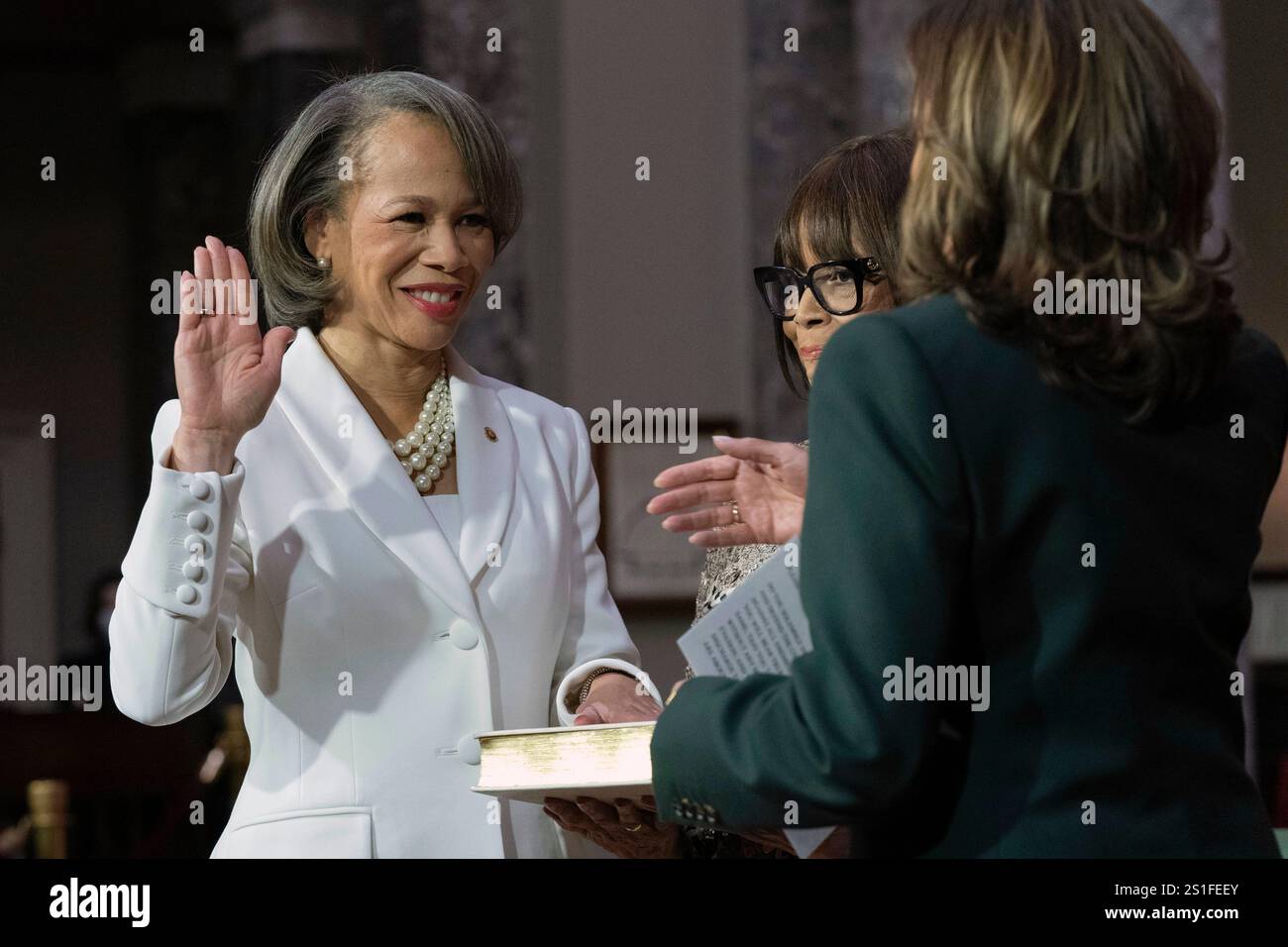 Vice President Kamala Harris, right, holds a ceremonial swearing-in for ...