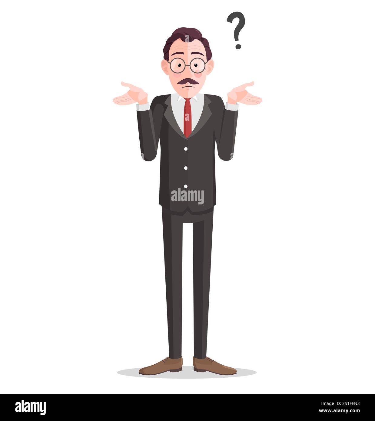 Cartoon Business Man Confused And Shrugging His Shoulders with Question ...