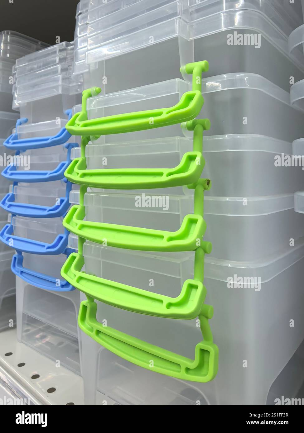 Rows of clear storage containers filled with vibrant green and blue ...