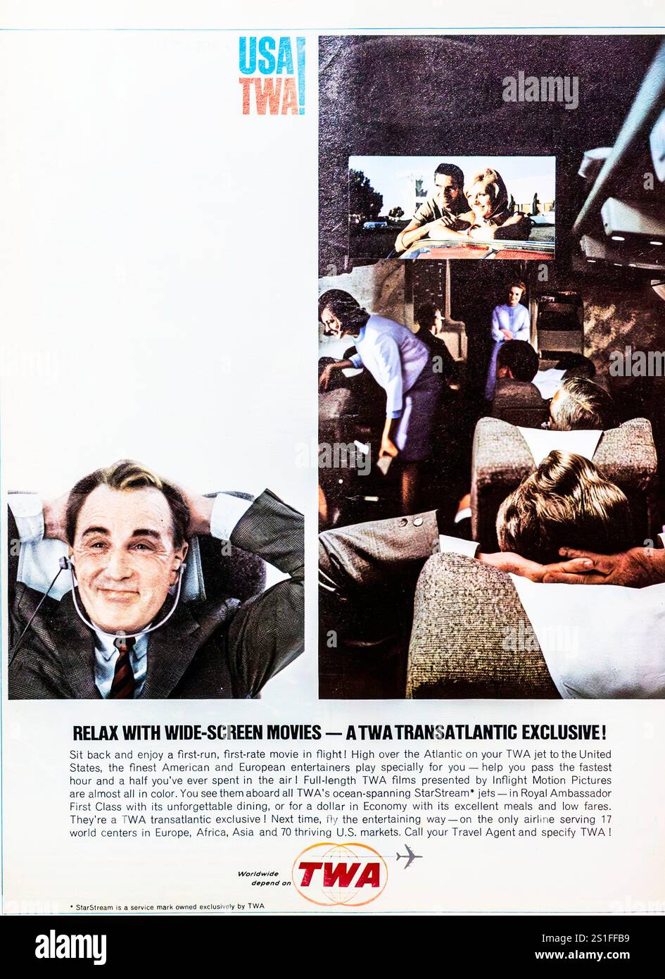 A vintage 1965 advertisement for Trans World Airlines (TWA) referencing ...