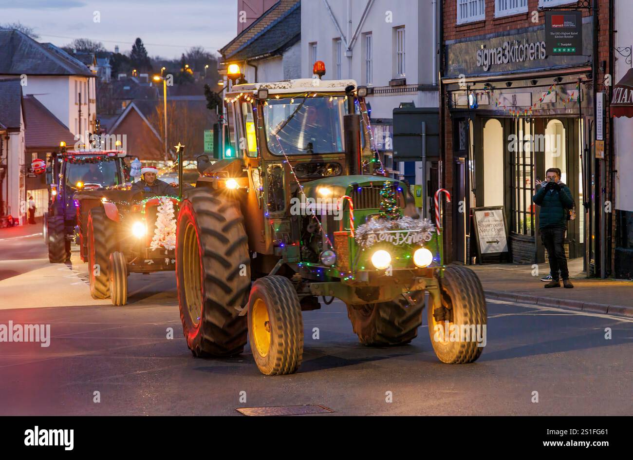 Tractor procession through the town at Christmas, Abergavenny, Wales ...