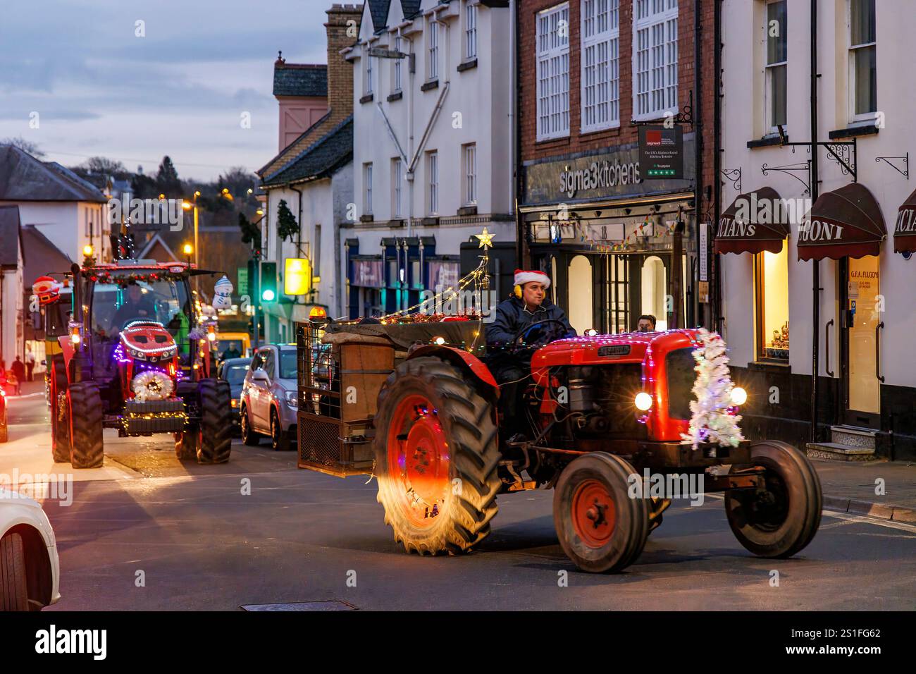 Tractor procession through the town at Christmas, Abergavenny, Wales ...