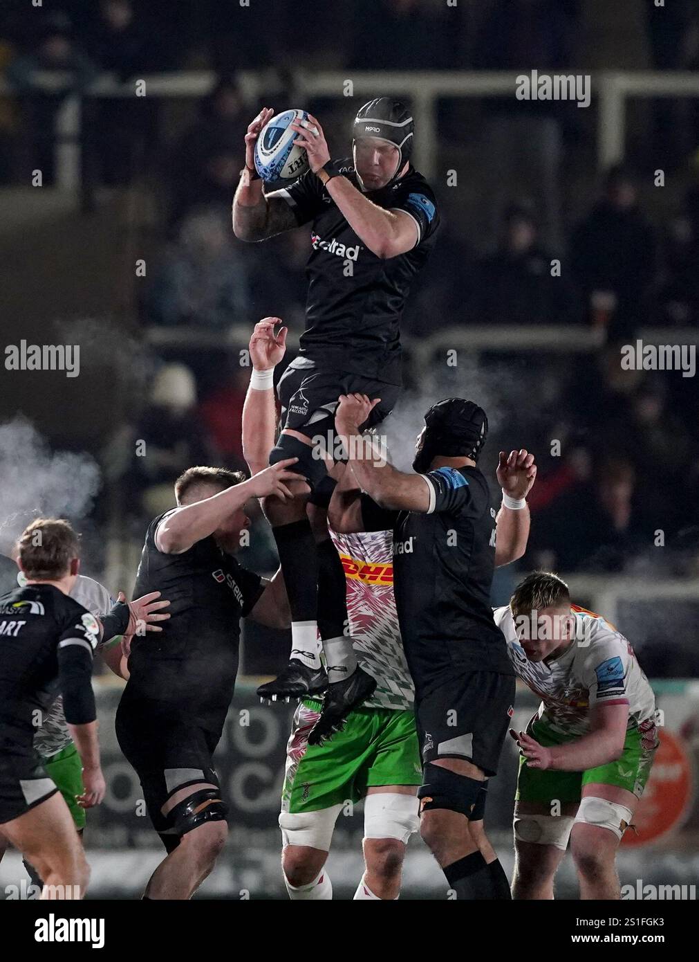 Newcastle's Sebastian de Chaves catches a line out during the Gallagher ...