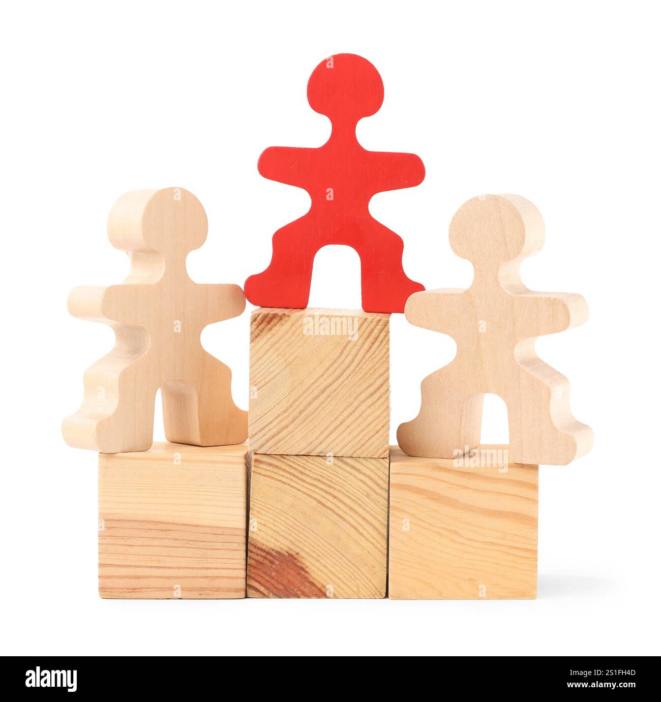 Human figures on wooden blocks, red one on top against white background ...