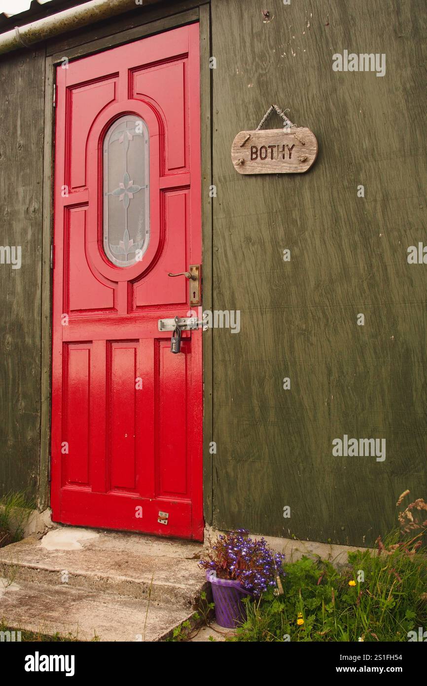 A Scottish bothy in a remote landscape on the Isle of Lewis, showing ...