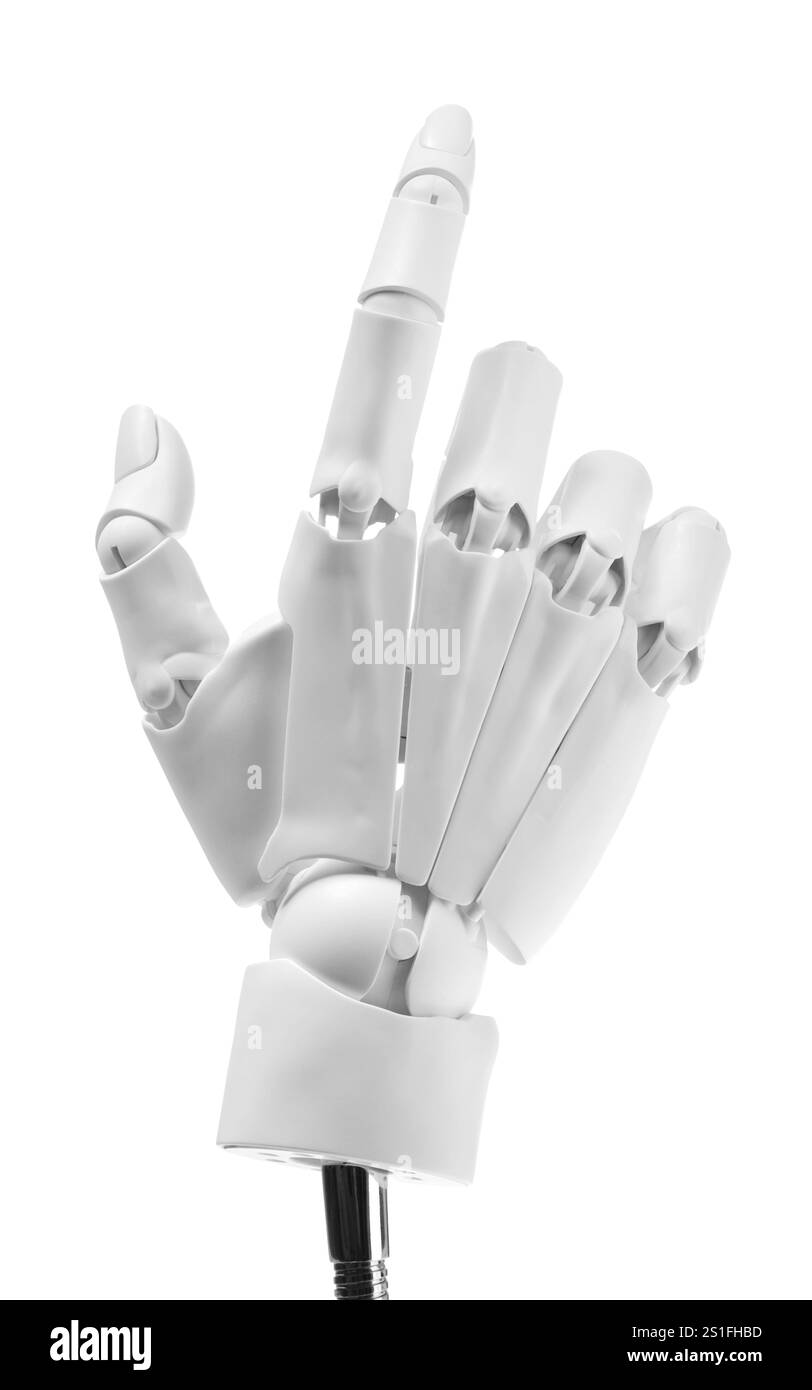 Artificial intelligence. Robot hand pointing at something on white ...