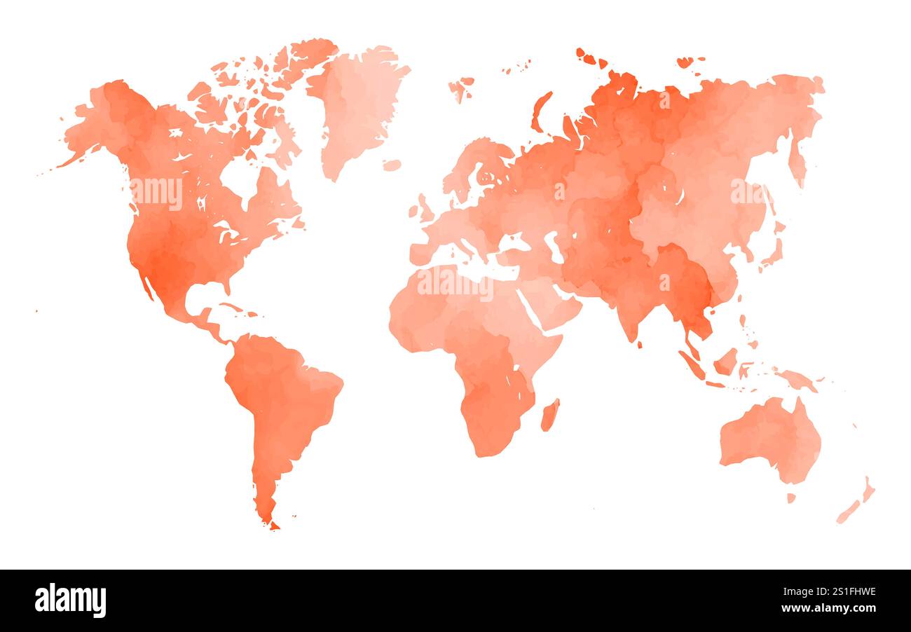 A world map showcases a beautiful watercolor texture in soft coral ...