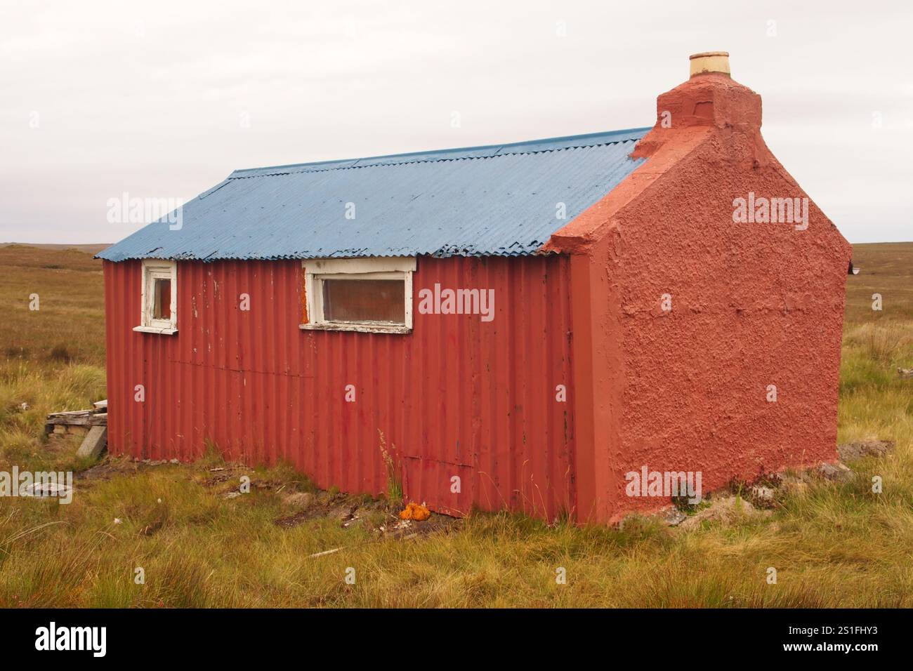 A Scottish bothy in a remote landscape on the Isle of Lewis, showing ...