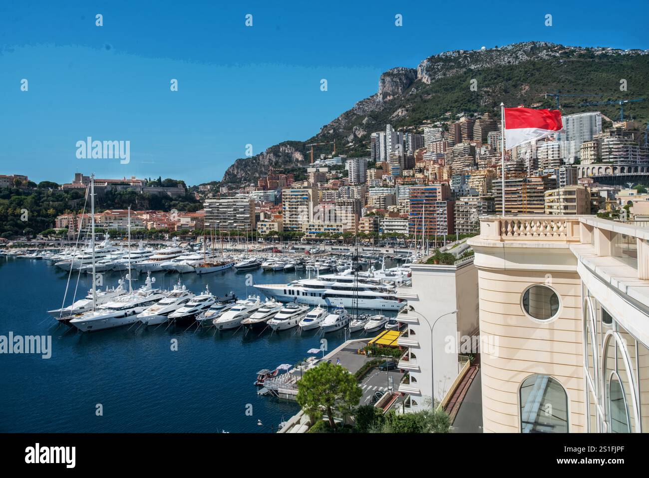 Amazing aerial view of Port Hercule and Flag of Monack and the ...