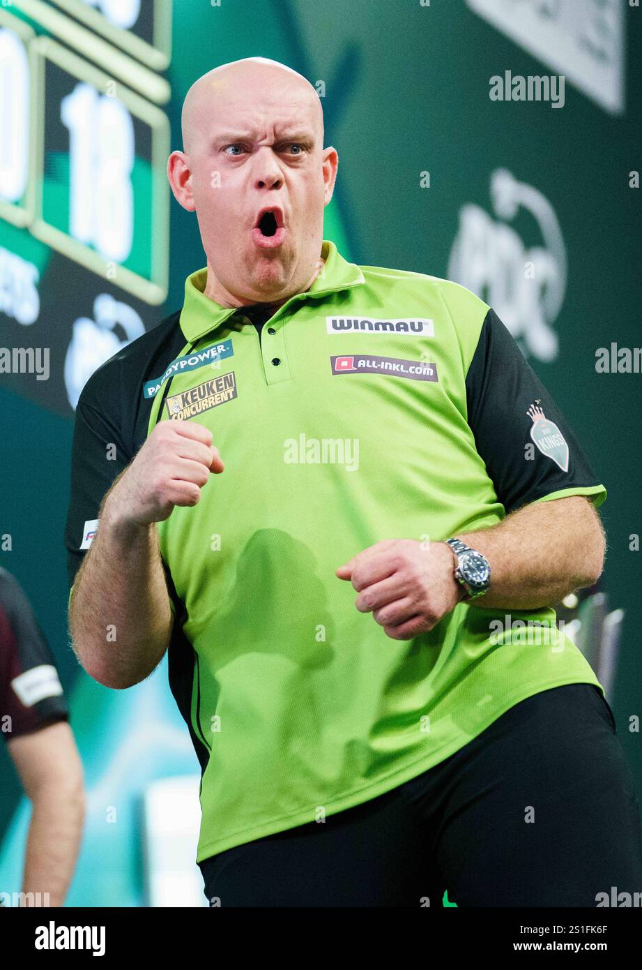 London, UK. 03rd Jan, 2025. Michael Van Gerwen celebrating winning a leg during the final of the ...
