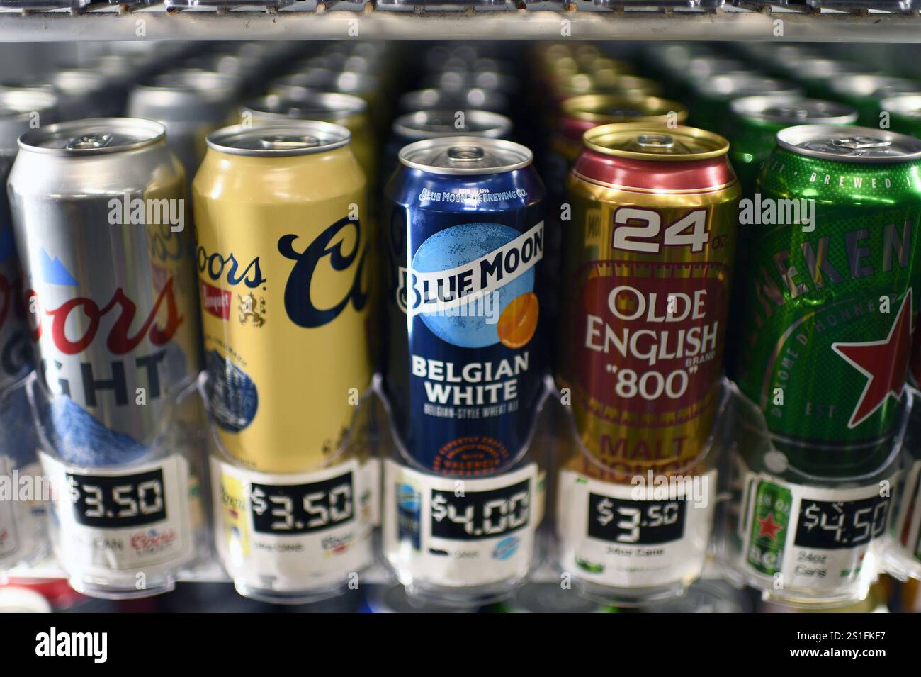 View of 24 oz. Cans of beers for sale at a supermarket, New York, NY ...