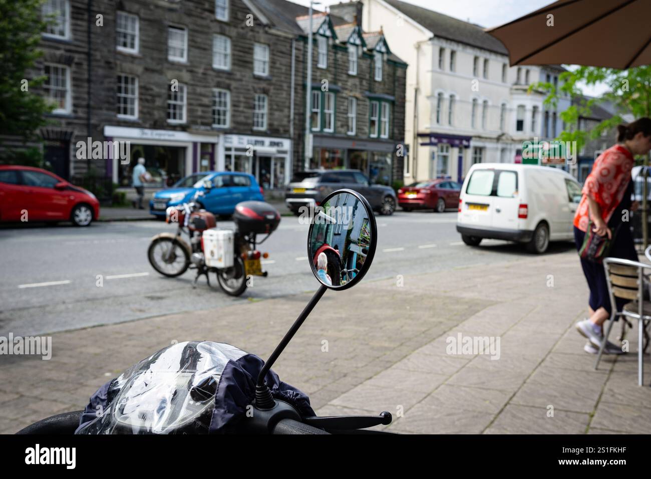 Machynlleth Wales - August 1 2024;Reflection in motorcycle mirror with ...