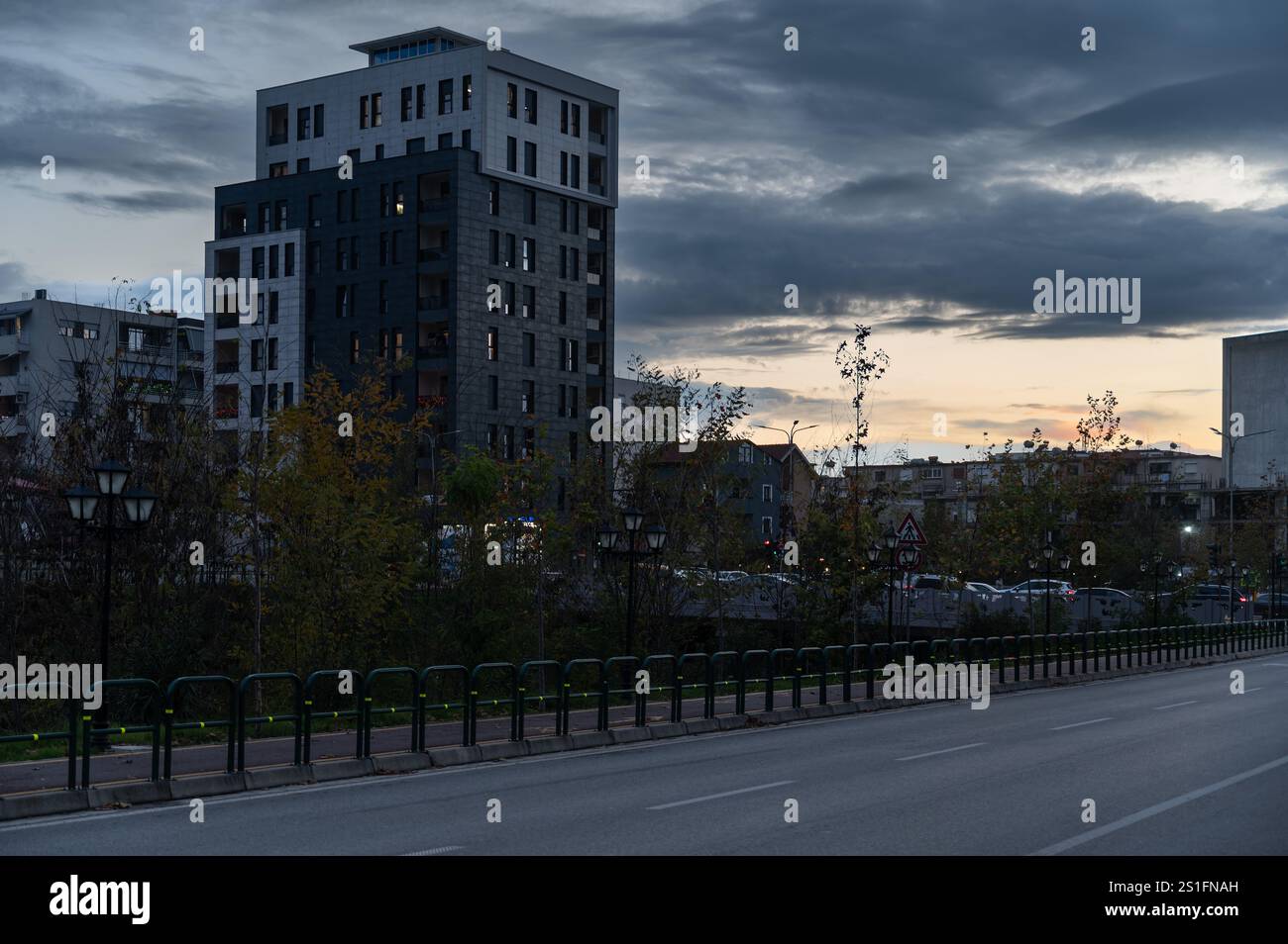 Zhan D'Ark Boulevard with residential high rise in Tirana, Albania, DEC ...