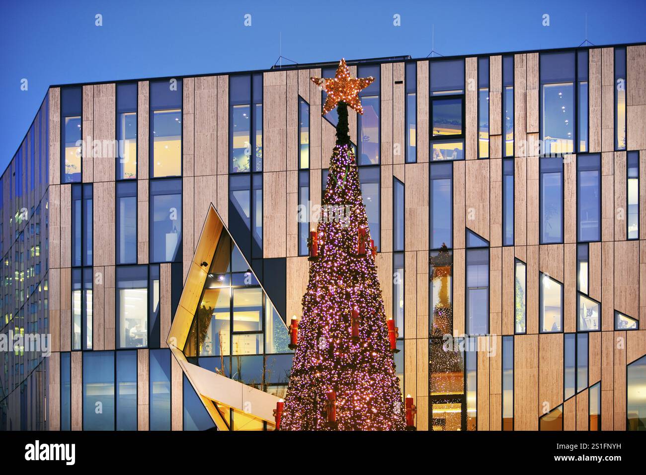 Christmas tree in front of the modern facade of the Koe-Bogen by ...