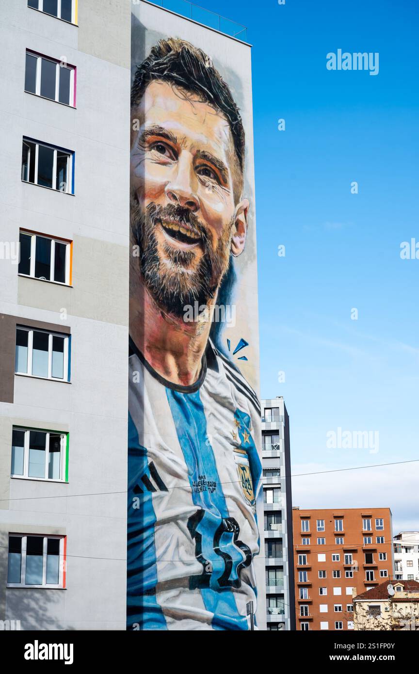Mural art of Lionel Messi on an apartment block in Tirana, Albania, DEC ...