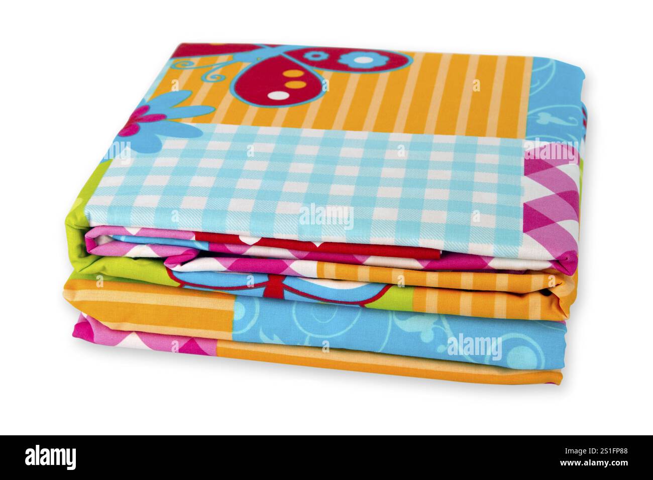 Folded bed linen cropped on a white background Stock Photo - Alamy