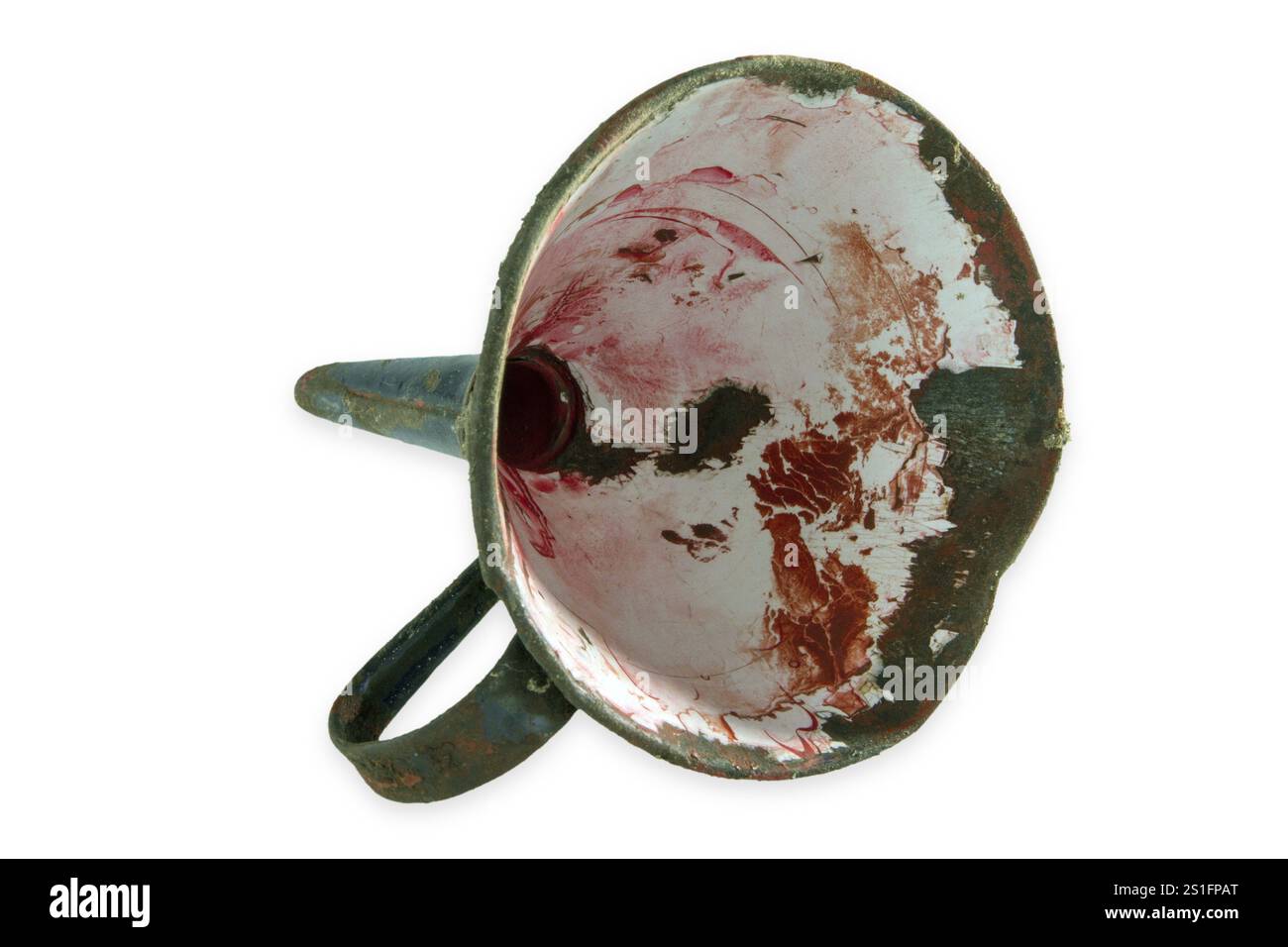Old dented, colour-smeared funnel cropped on a white background Stock ...