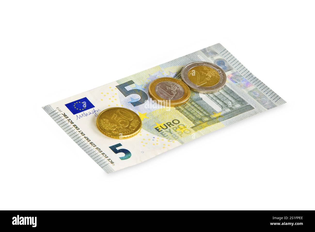 Five euro note and coins on a white background Stock Photo - Alamy